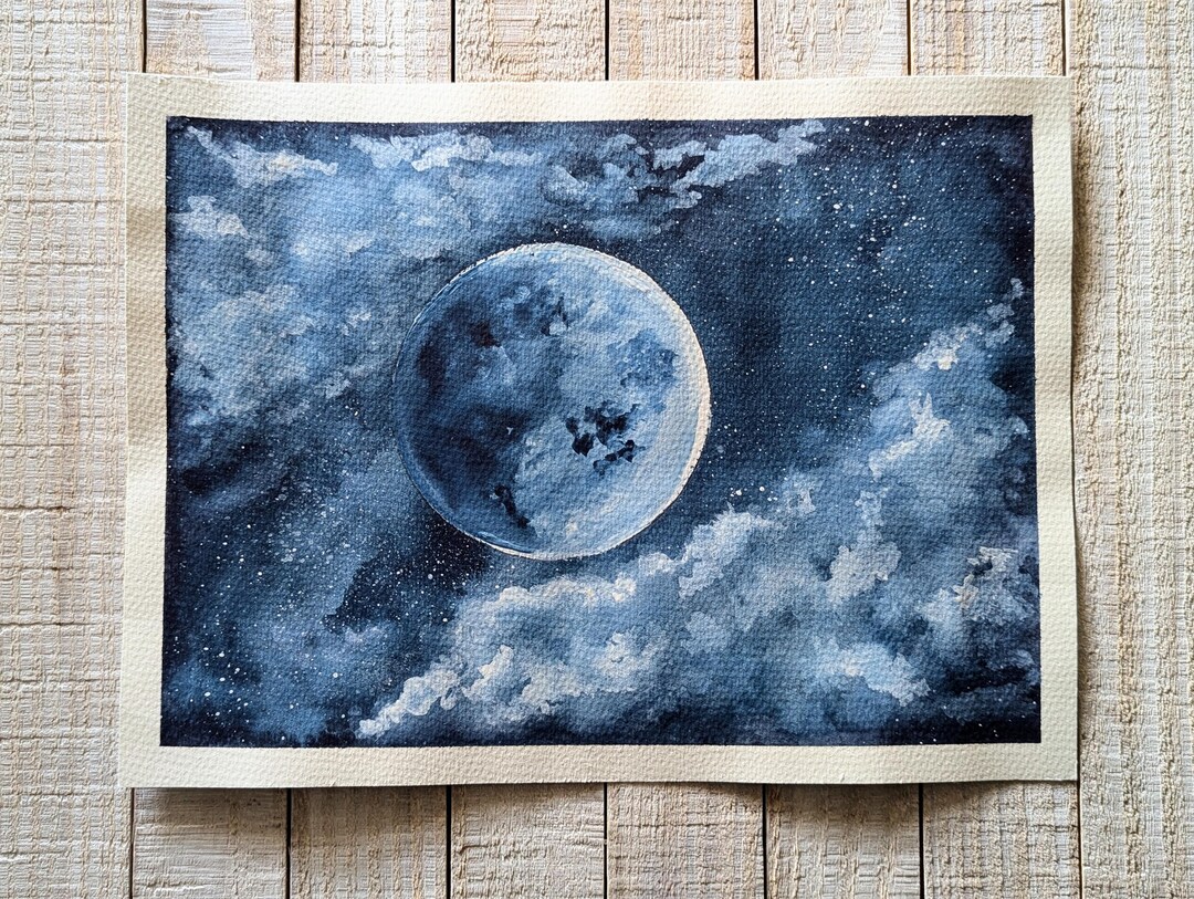 Wintery Nightfall, Original Watercolor Moon Painting, Lunar Watercolor ...