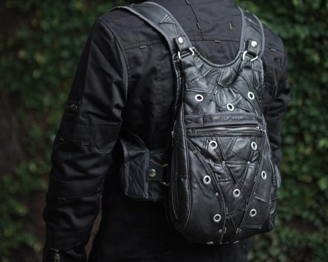 Cosmic Tribe Black Multi-pocket Patch Leather Ninja Bag | Streetwear ...