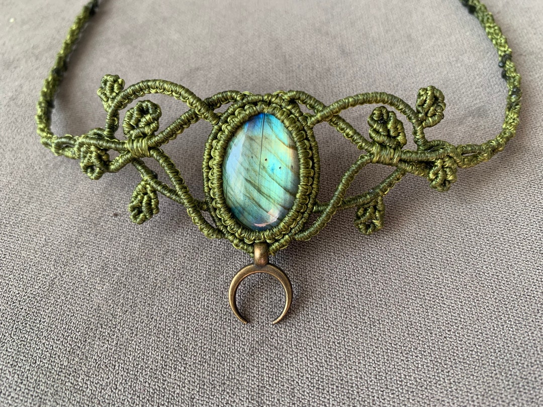 Macrame Choker Necklace With Labradorite Stone,leaf Detail Macrame ...