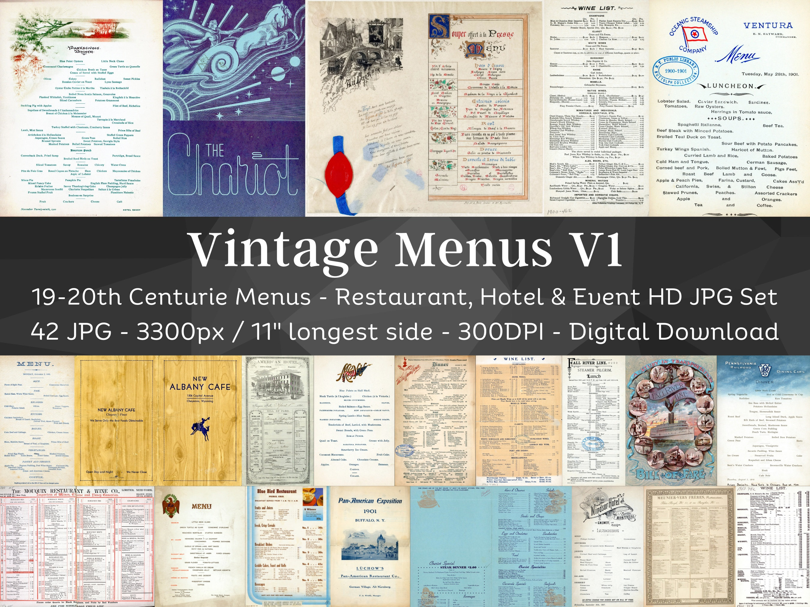 42 Vintage Menu Illustrations V1 Digital Restaurant Dinner & Wine List ...