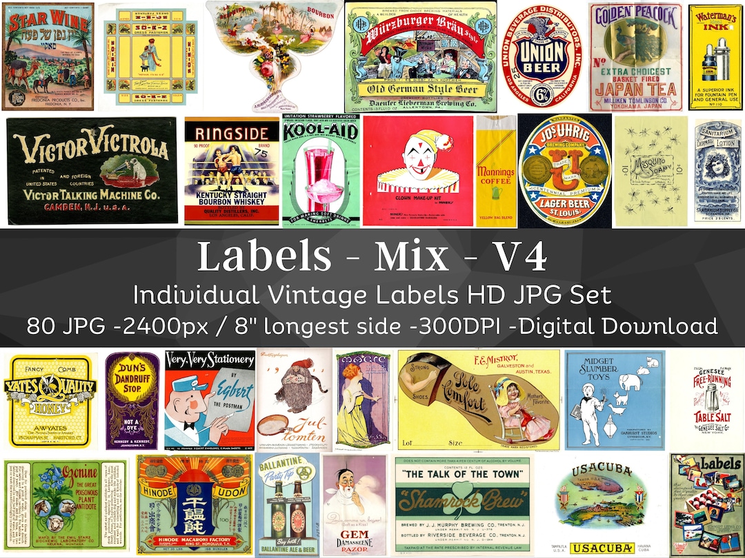 Vintage Labels Mixed Kit 80 HQ Digital JPG Bundle 4| Drinks, Medicine ...