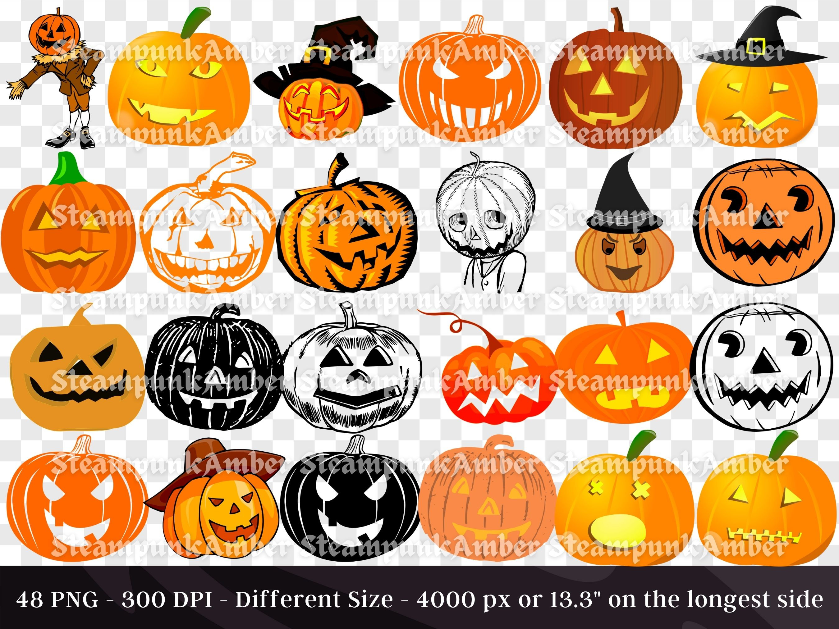 Holiday Clipart | Halloween 48 PNG Bundle | Smiling Carved Pumpkin Face ...