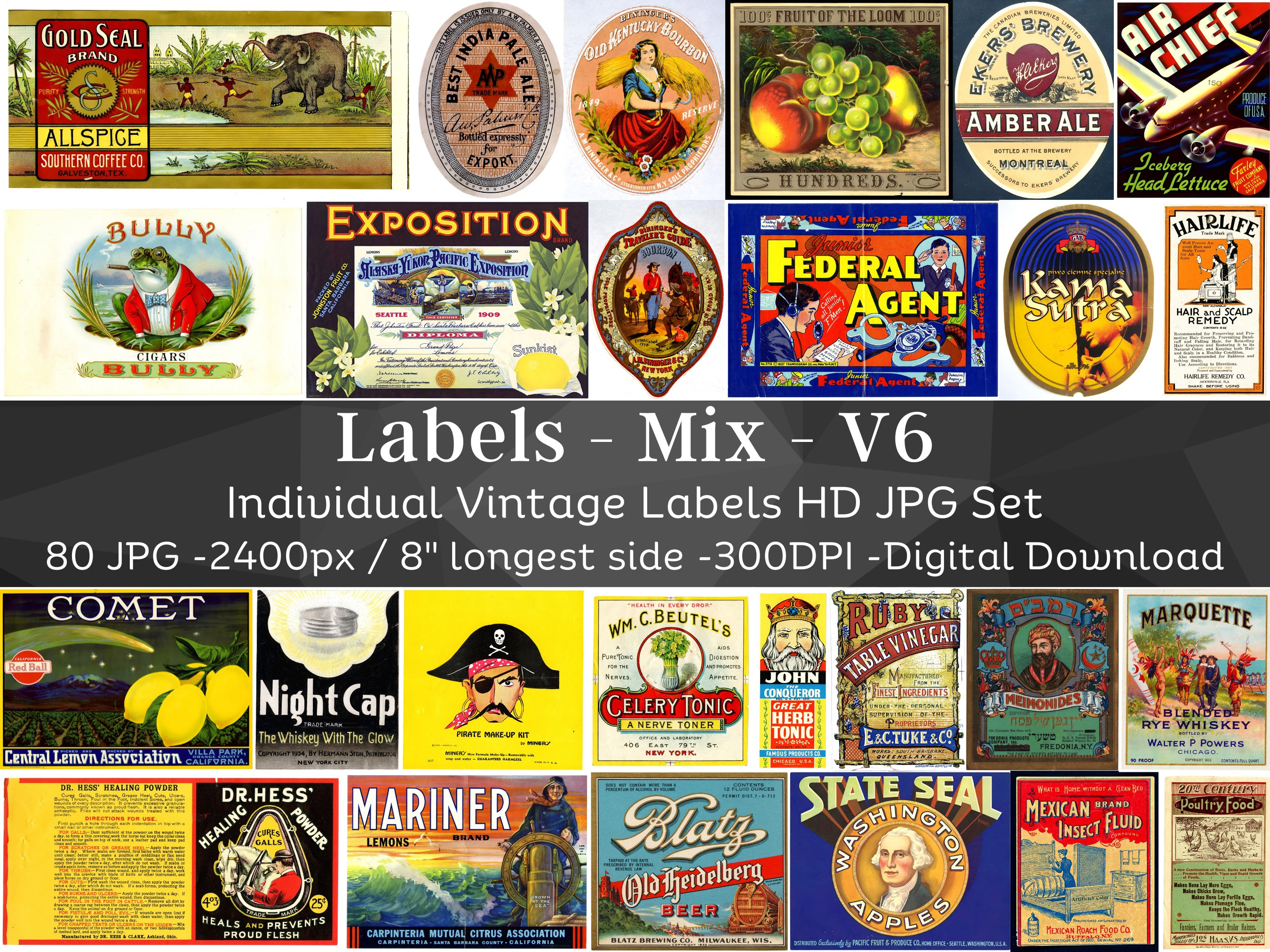 Vintage Labels Mixed Kit 80 HQ Digital JPG Bundle 6| Medicine, Toy ...