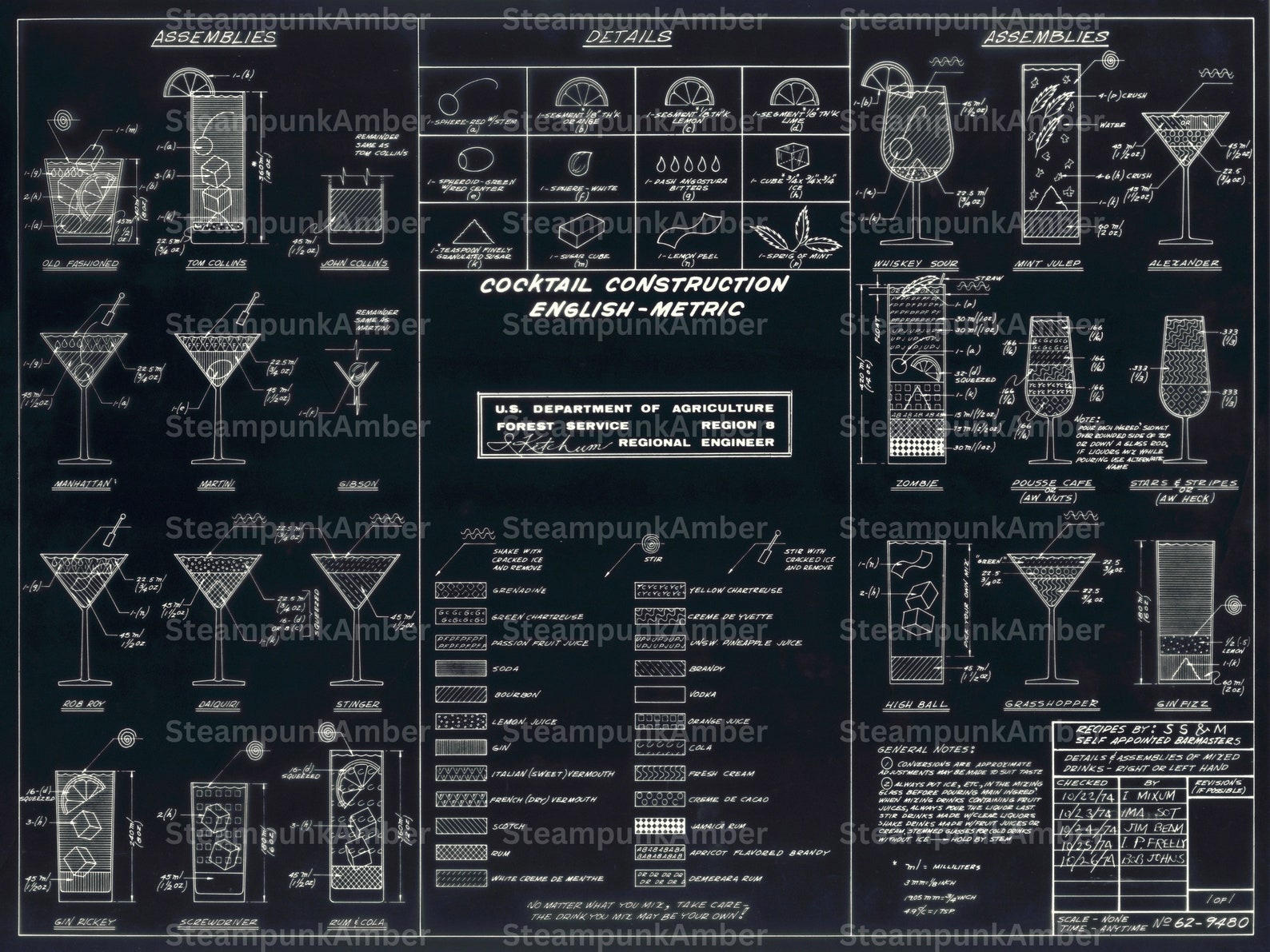 Vintage Cocktail Blueprint Bar Wall Art | 5 HQ JPG 18 X 24 Inch Digital ...