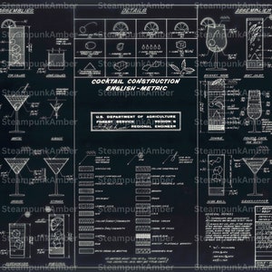 Vintage Cocktail Blueprint Bar Wall Art | 5 HQ JPG 18 X 24 Inch Digital ...