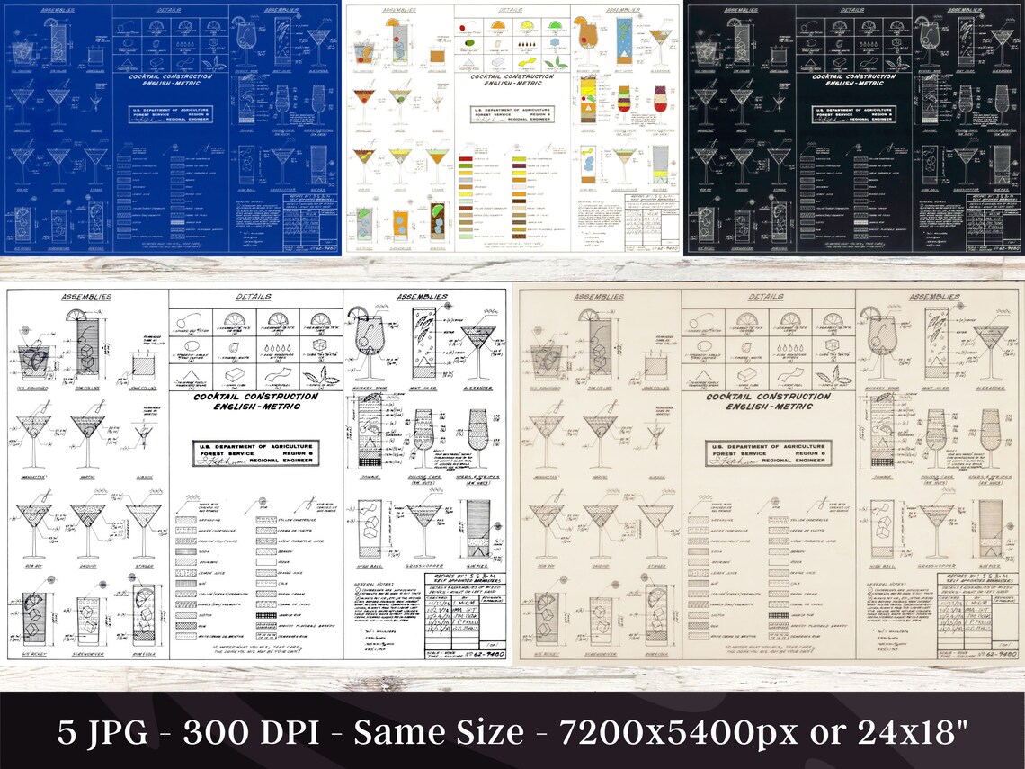 Vintage Cocktail Blueprint Bar Wall Art | 5 HQ JPG 18 X 24 Inch Digital ...