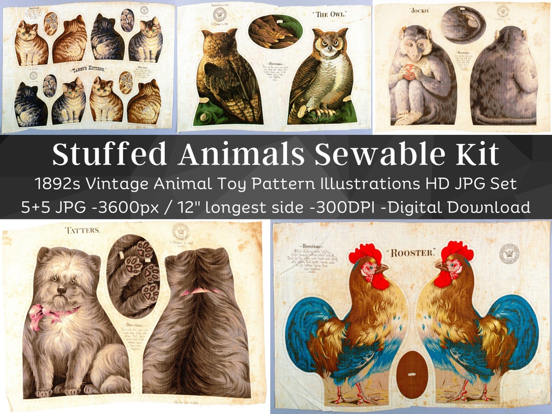5 Animal Toy Patterns 1892 Vintage Sewable Kit Stuffed Animal ...