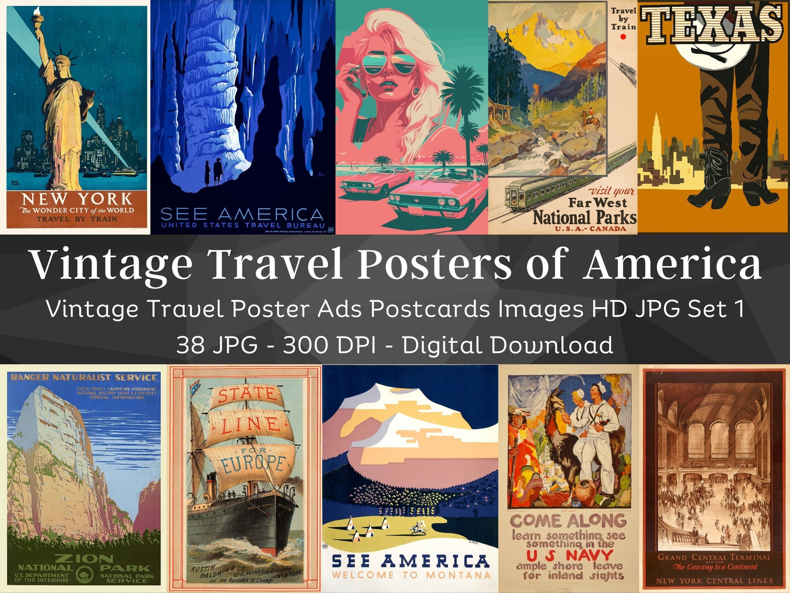 Vintage Travel Poster Images of America 38 JPG HQ Digital Image Bundle ...