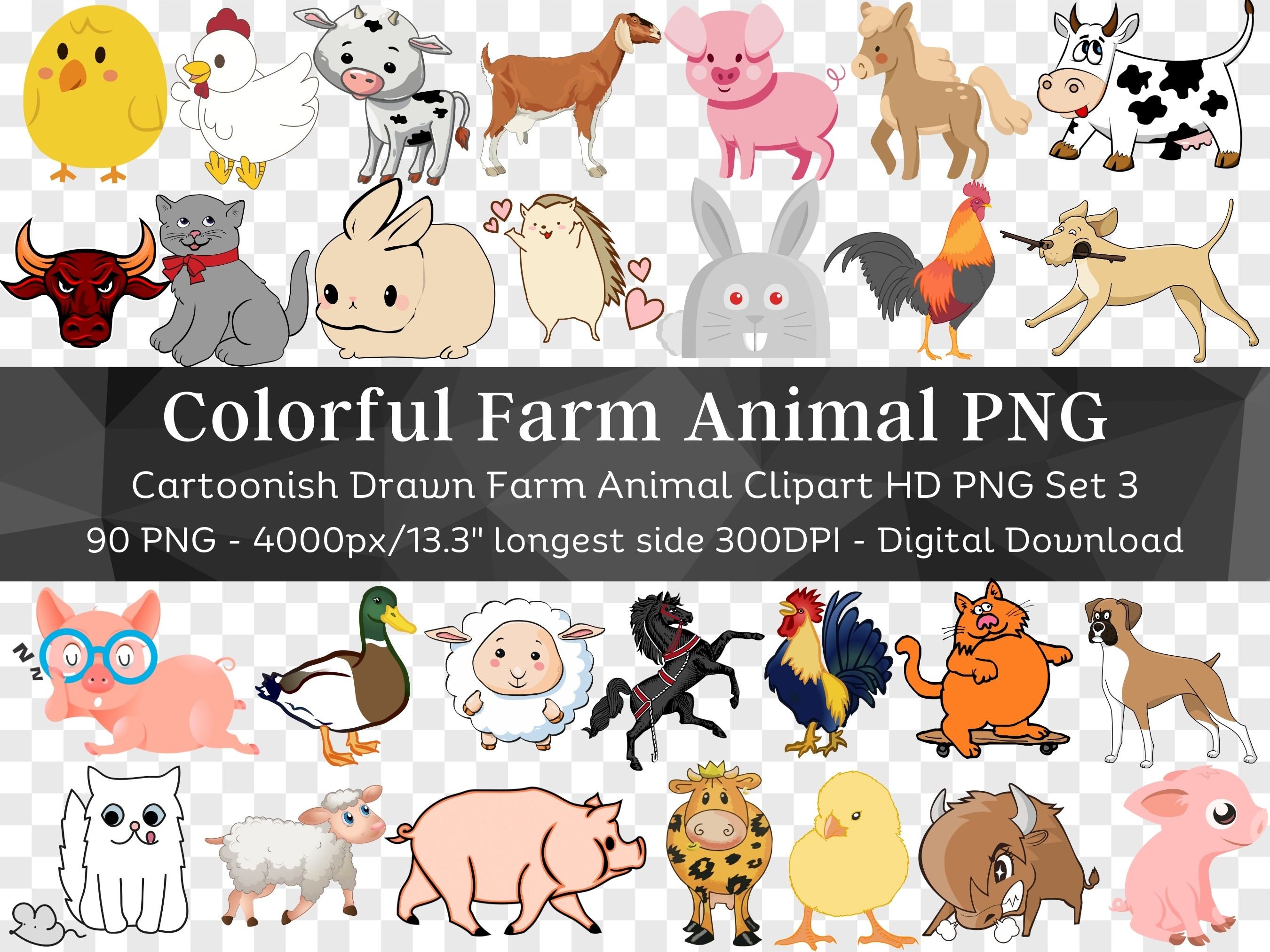 Farm Animal 90 PNG Bundle Clipart Silhouette PNG Bull Rabbit Bunny Cat ...