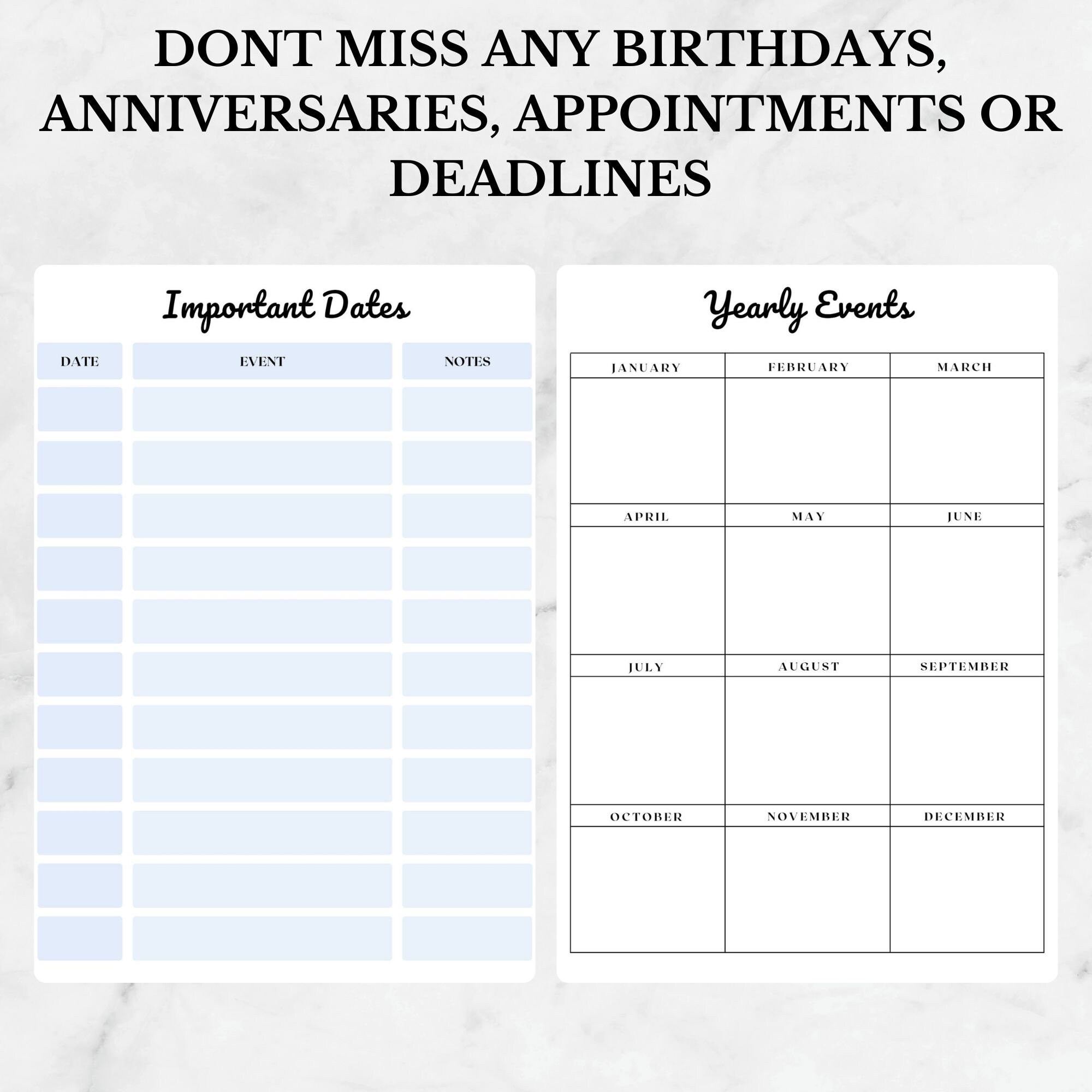 Important Dates Printable Birthdays, Anniversaries, Doctor Appointments ...