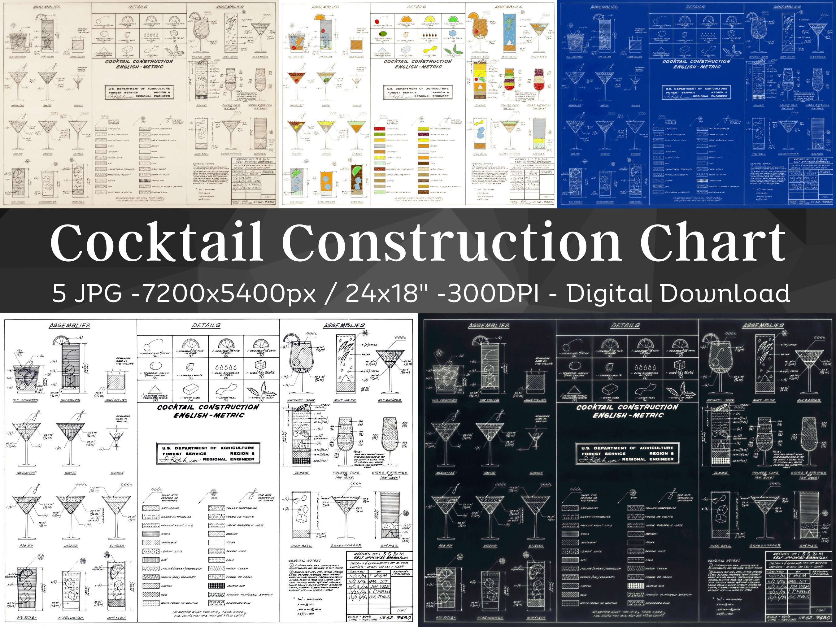 Vintage Cocktail Blueprint Bar Wall Art | 5 HQ JPG 18 X 24 Inch Digital ...