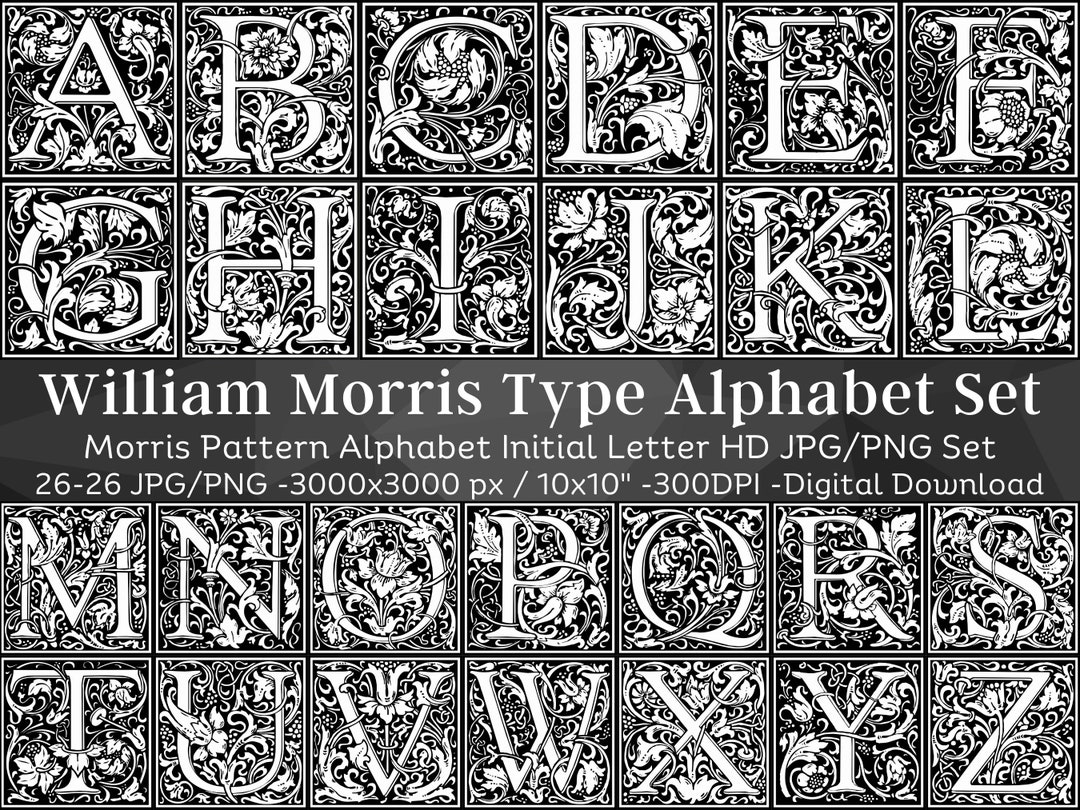 Floral Retro Alphabet 26 JPG & PNG Files Bundle| William Morris ...