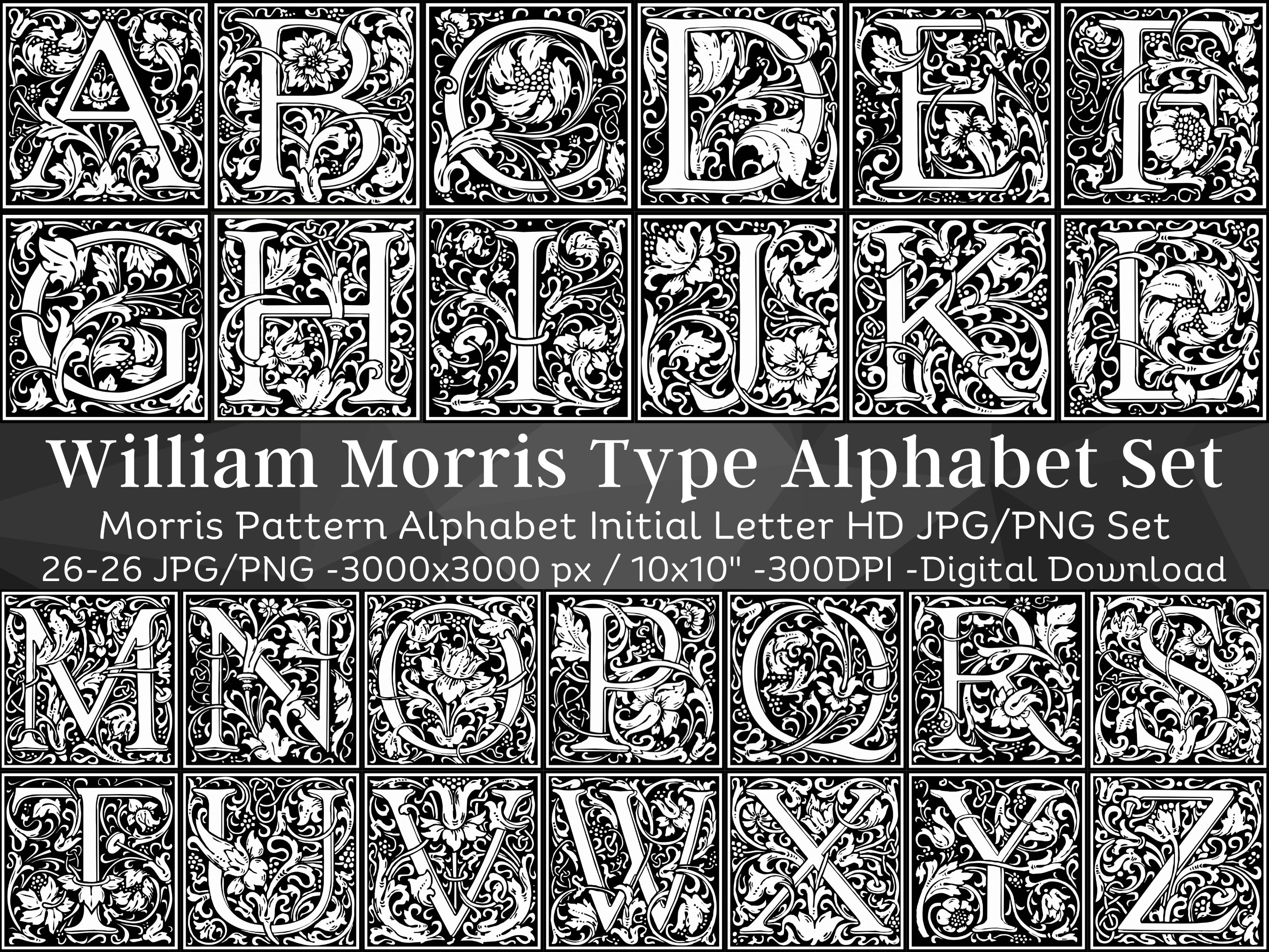 Floral Retro Alphabet 26 JPG & PNG Files Bundle William Morris Inspired ...