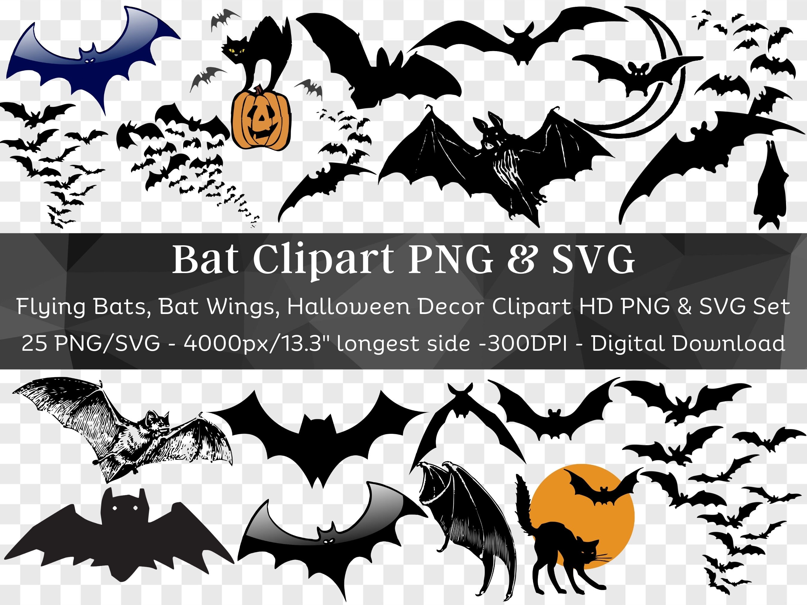 Bat Clipart 25 PNG & SVG Bundle Bat Clipart Silhouette Halloween Svg ...