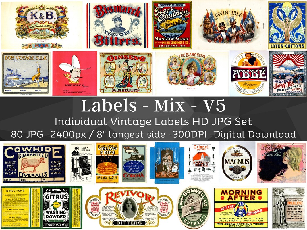 Vintage Labels Mixed Kit 80 HQ Digital JPG Bundle 5| Drinks, Medicine ...