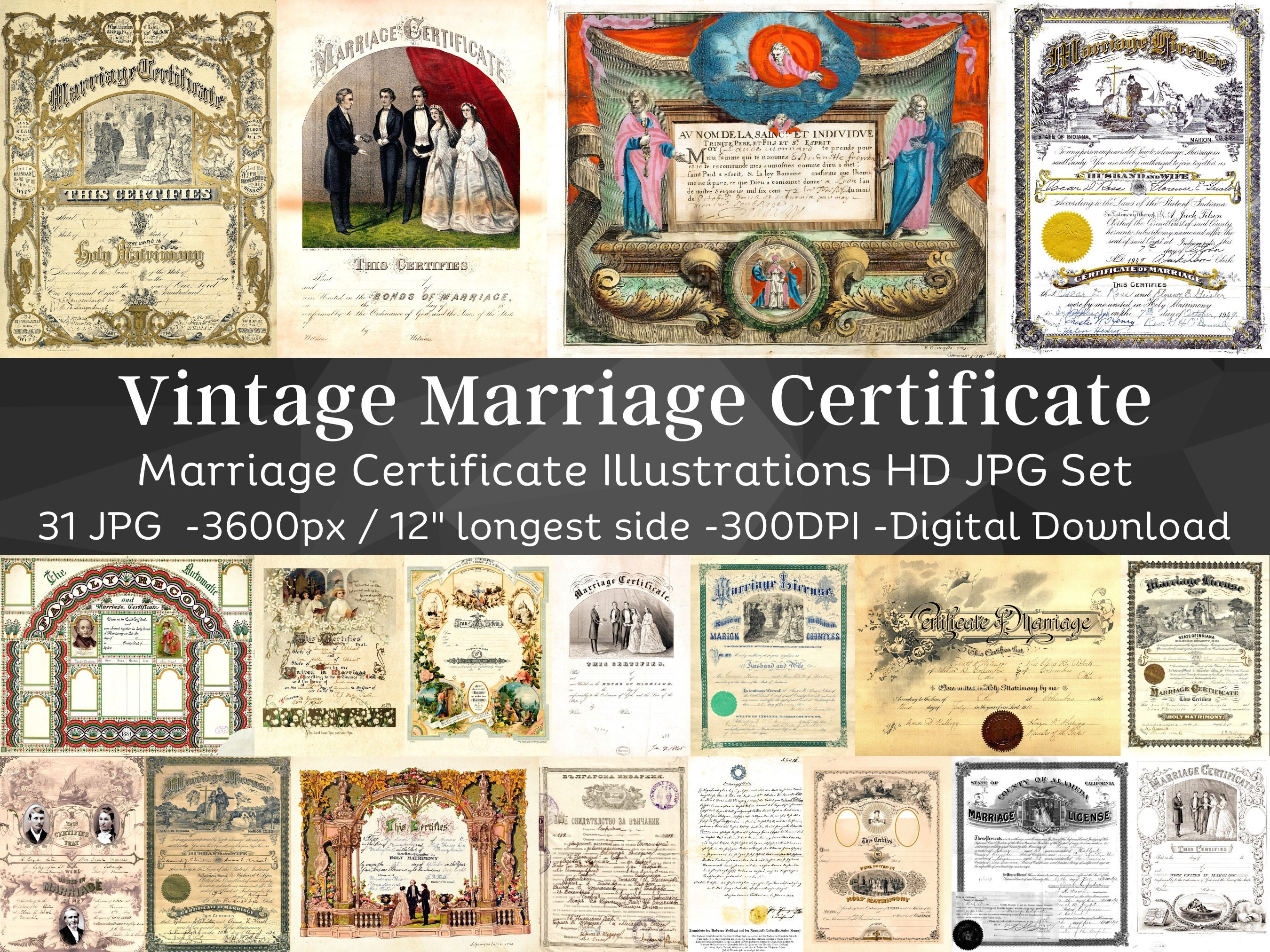 31 Vintage Marriage Certificates Illustrations 1800-1900s Victorian ...