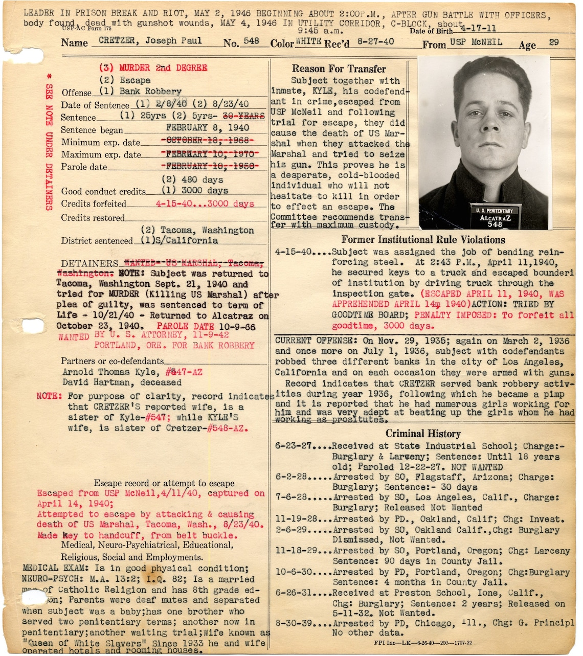 60 Vintage Alcatraz Inmate Prison Records With Mugshots HD Image V1 ...