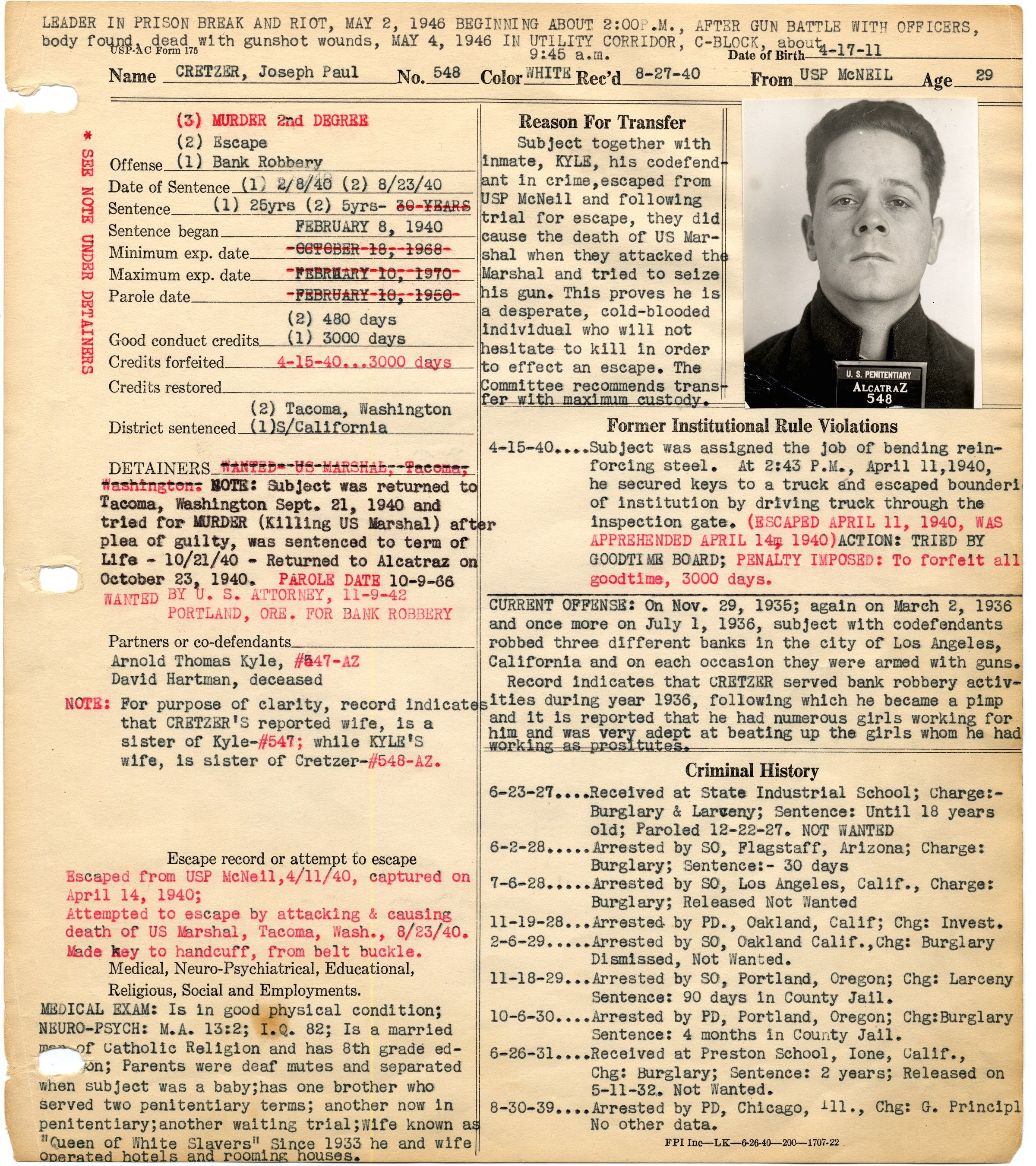 60 Vintage Alcatraz Inmate Prison Records With Mugshots HD Image V1 ...