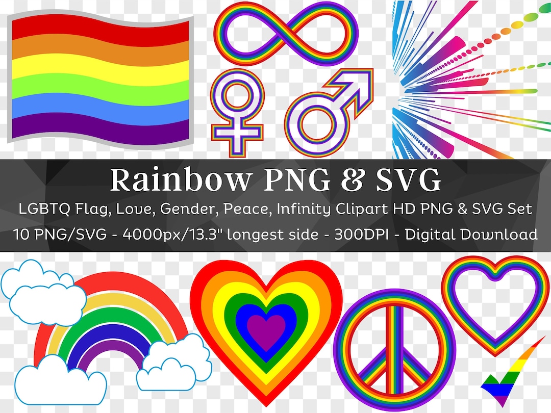 Rainbow Clipart Set 10 PNG SVG LGBTQ Pride Clip Art Bundle Flag, Love ...