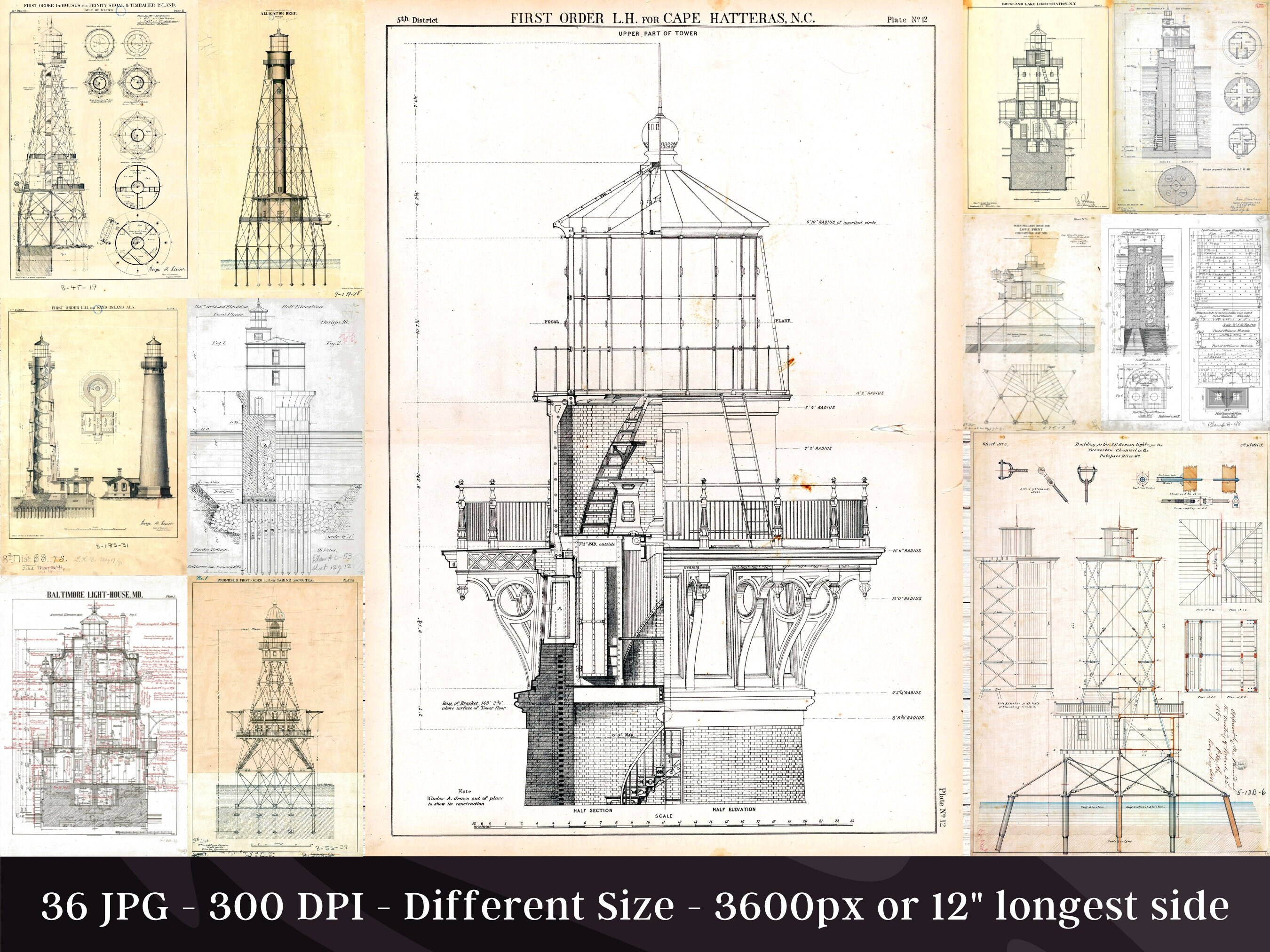 36 Vintage Lighthouse Blueprint Illustrations | Digital Architectural ...