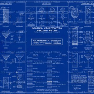 Vintage Cocktail Blueprint Bar Wall Art | 5 HQ JPG 18 X 24 Inch Digital ...
