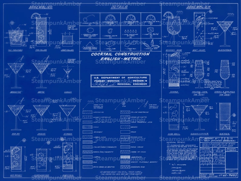 Vintage Cocktail Blueprint Bar Wall Art | 5 HQ JPG 18 X 24 Inch Digital ...