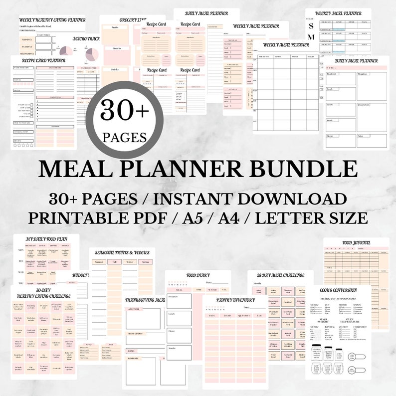 Meal Planner Printable Daily Food Diary Bundle Pdf Fitness Diet Menu ...