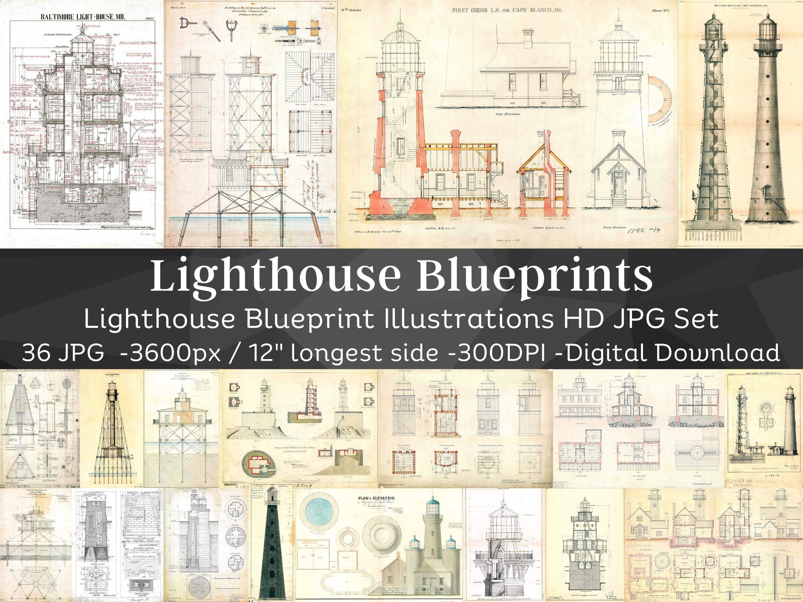 36 Vintage Lighthouse Blueprint Illustrations Digital Architectural ...
