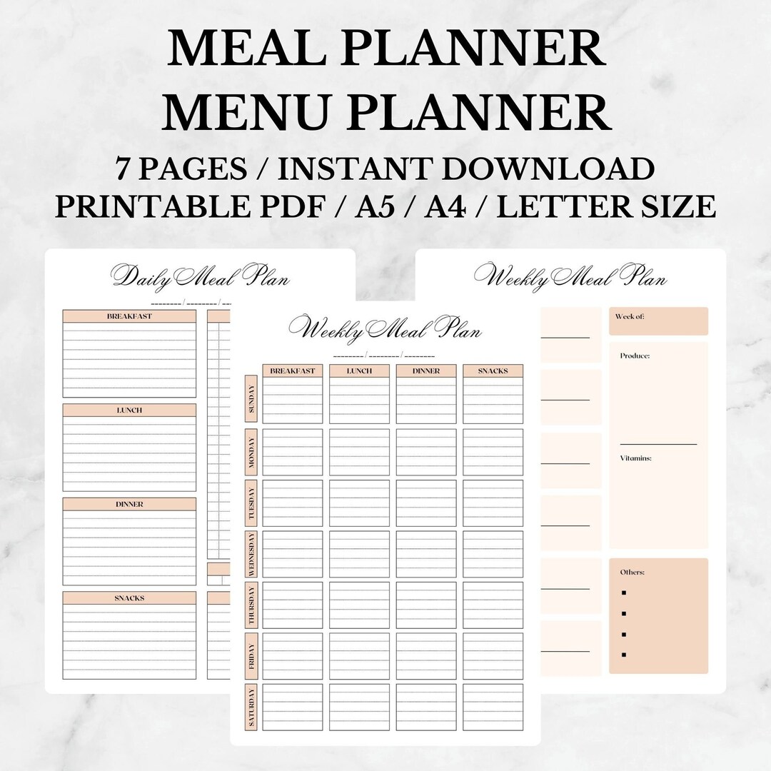 Weekly Menu Planner Printable Daily Menu Planner Pdf Calorie Tracker ...
