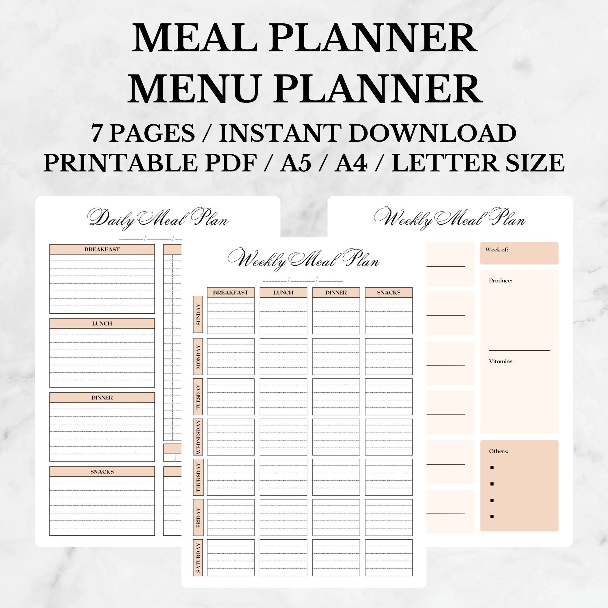 Weekly Menu Planner Printable Daily Menu Planner Pdf Calorie Tracker ...