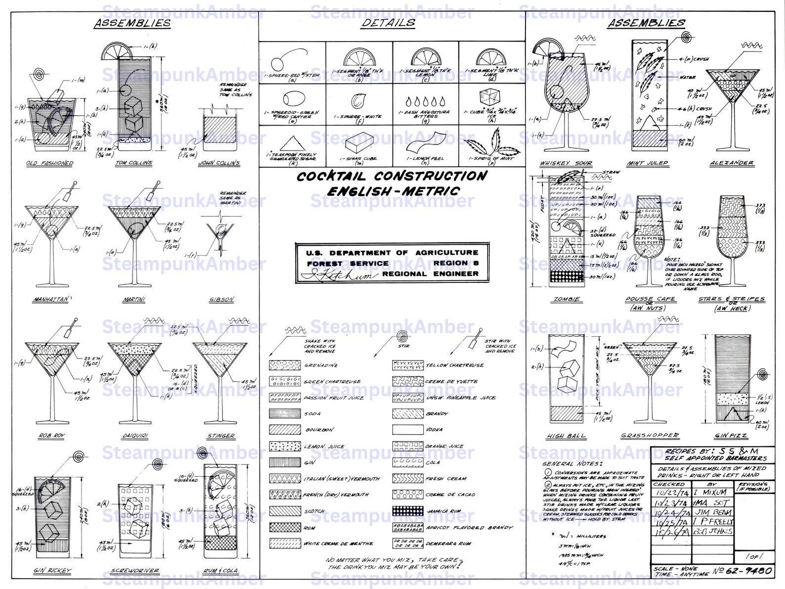 Vintage Cocktail Blueprint Bar Wall Art | 5 HQ JPG 18 X 24 Inch Digital ...