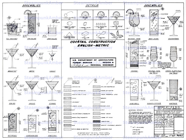 Vintage Cocktail Blueprint Bar Wall Art | 5 HQ JPG 18 X 24 Inch Digital ...