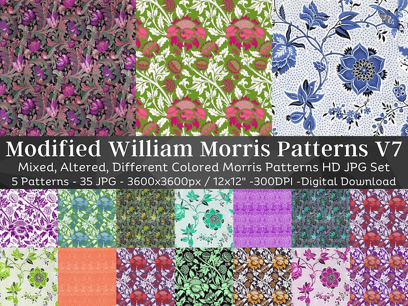 William Morris 35 Digital Paper Texture Set, 5 Art Nouveau Floral ...