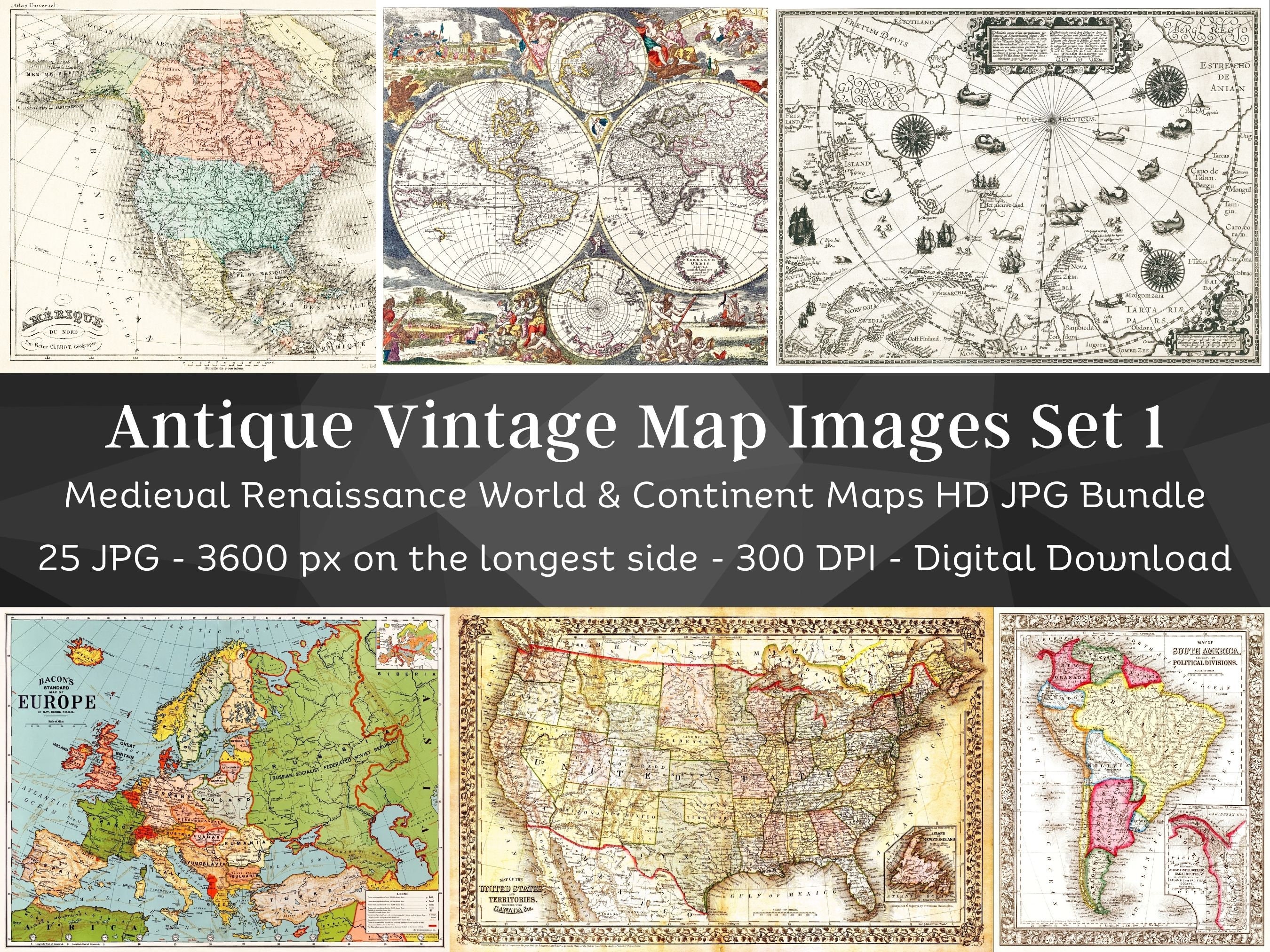 25 Antique Map Images Medieval Renaissance Maps Set 1 Scrapbook Junk ...