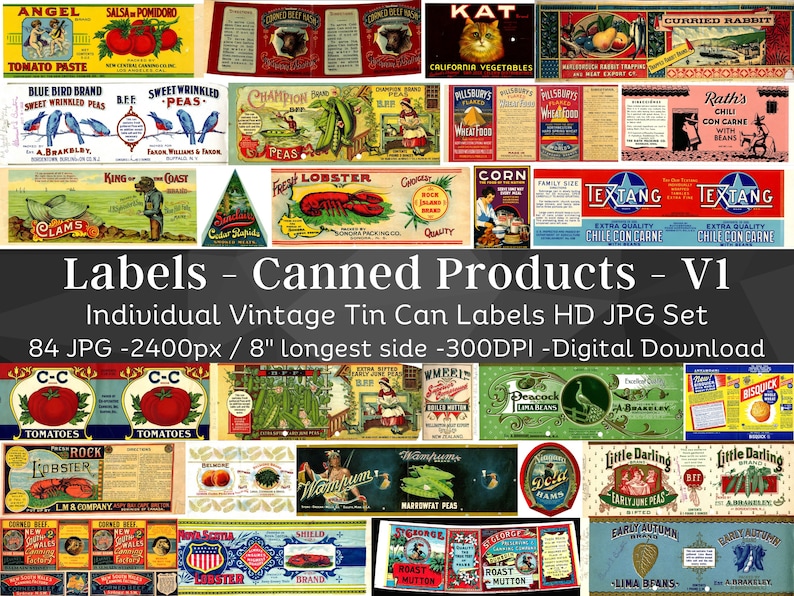 Vintage Can Labels Kit 84 HQ Digital JPG Bundle 1 | Retro Food Canister ...