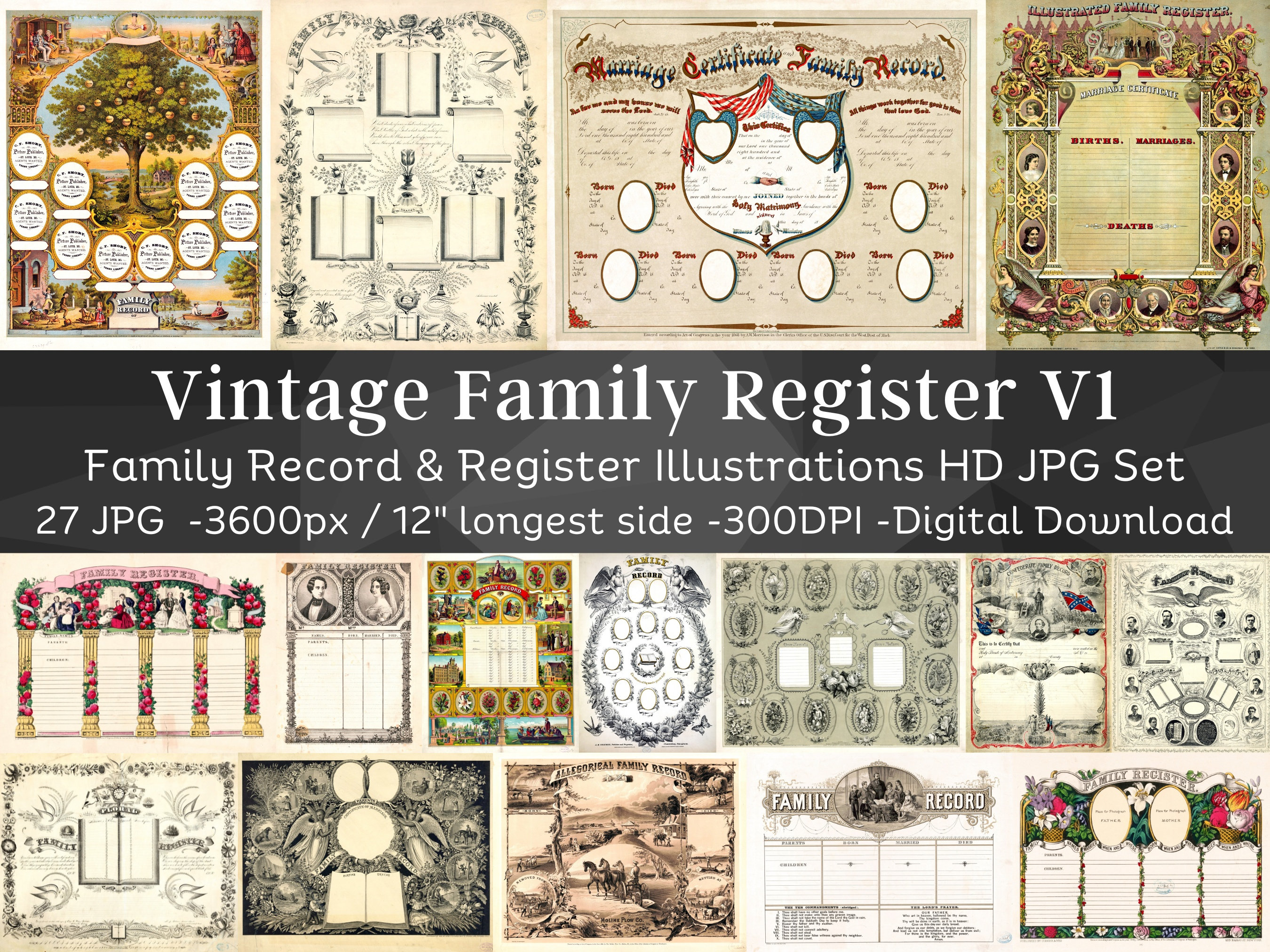 27 Vintage Family Record Template Illustrations V1 1800-1900s Victorian ...