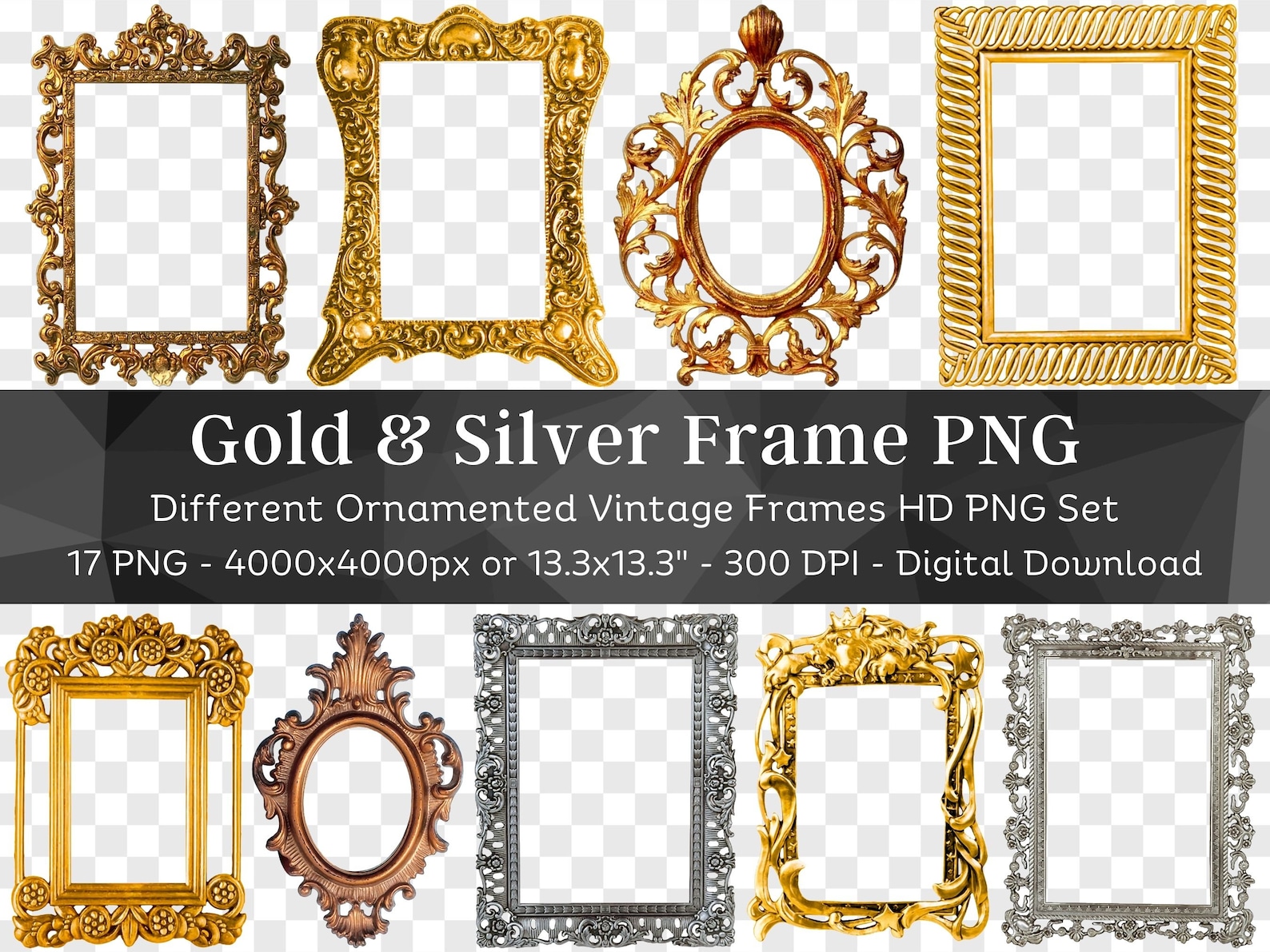 Luxury Frame Border Clipart 17 PNG Bundle| Silver & Gold Frame ...