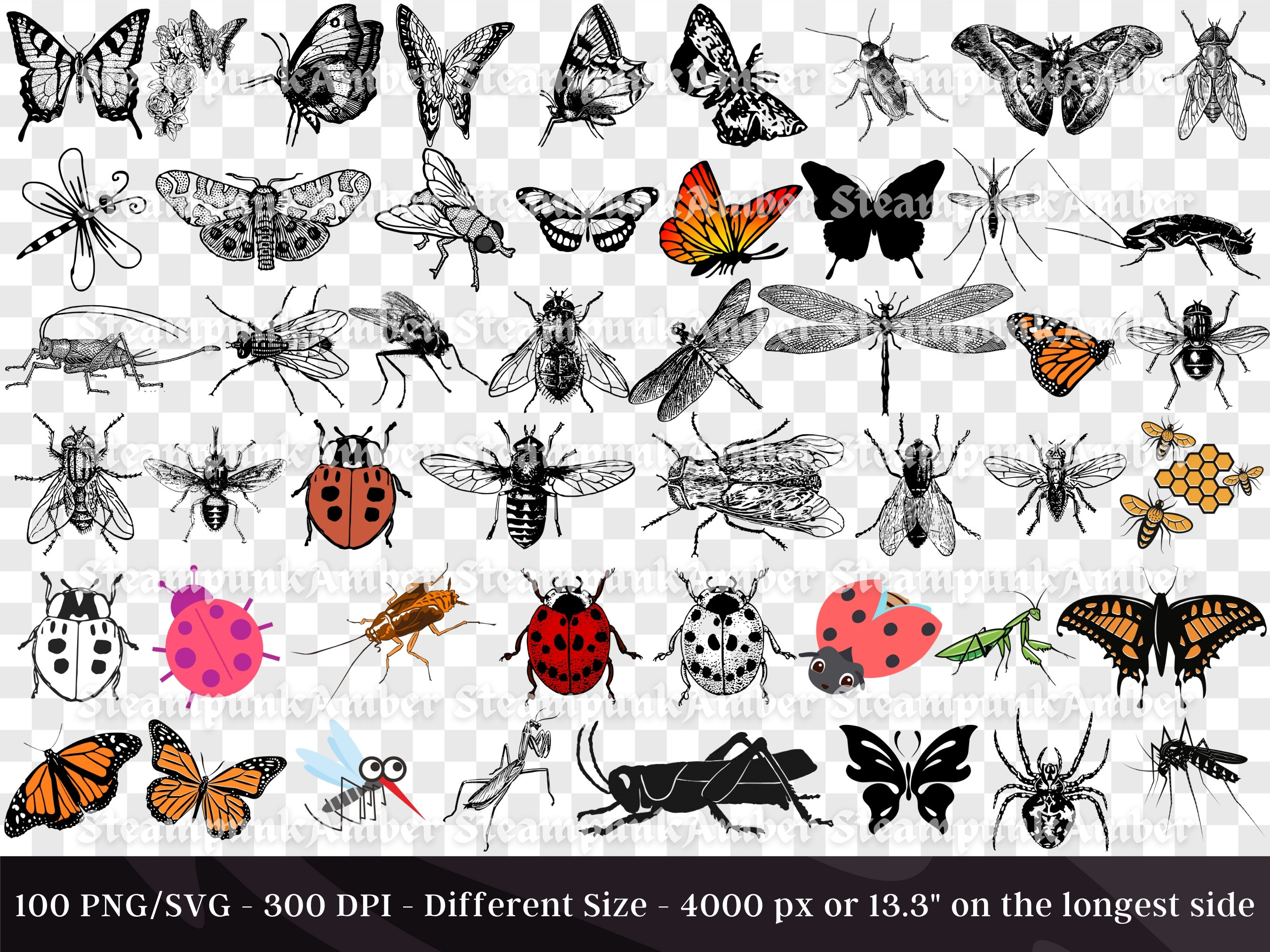 Insect Clipart 100 PNG & SVG Set| Bug Silhouette Ant Bee Butterfly Fly ...