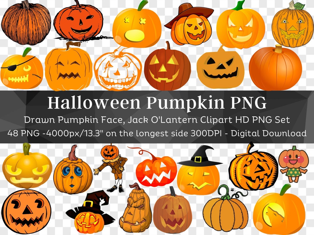 Holiday Clipart | Halloween 48 PNG Bundle | Smiling Carved Pumpkin Face ...