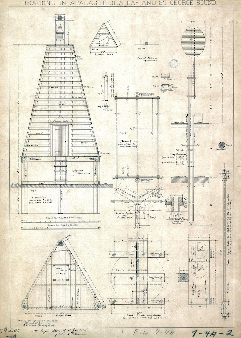 36 Vintage Lighthouse Blueprint Illustrations | Digital Architectural ...