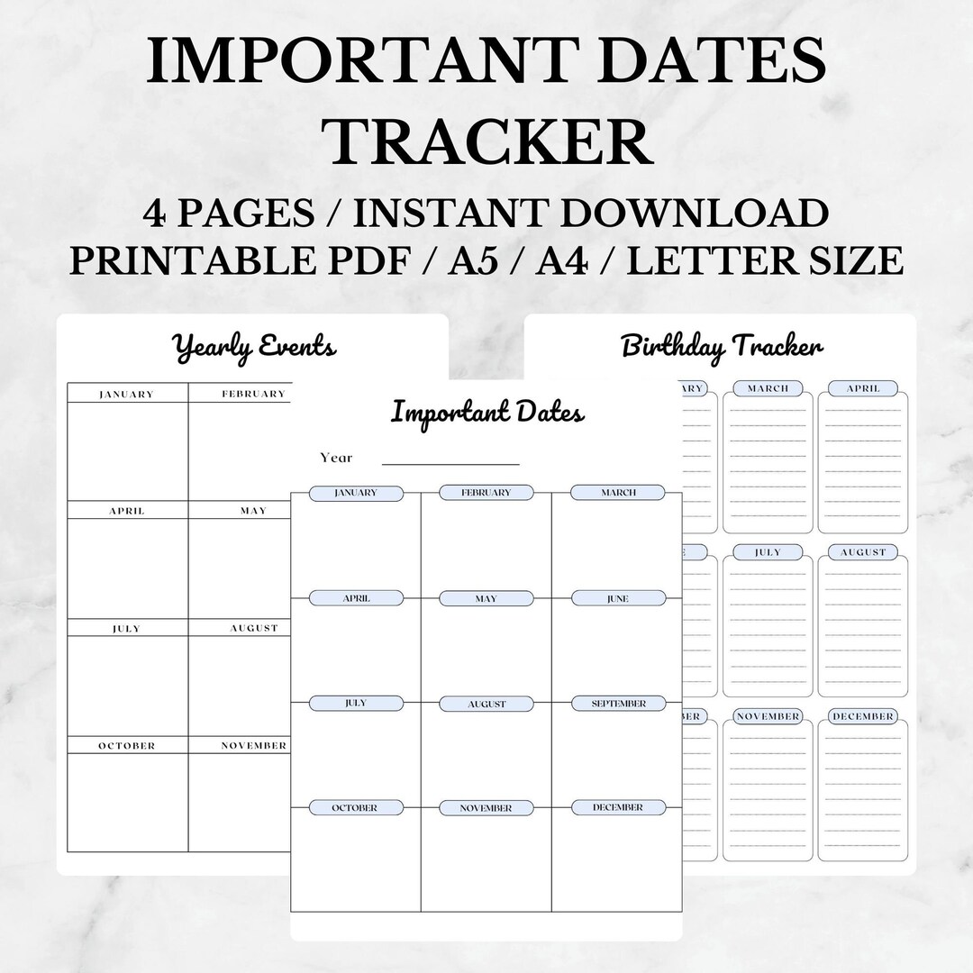 Important Dates Printable Birthdays, Anniversaries, Doctor Appointments ...