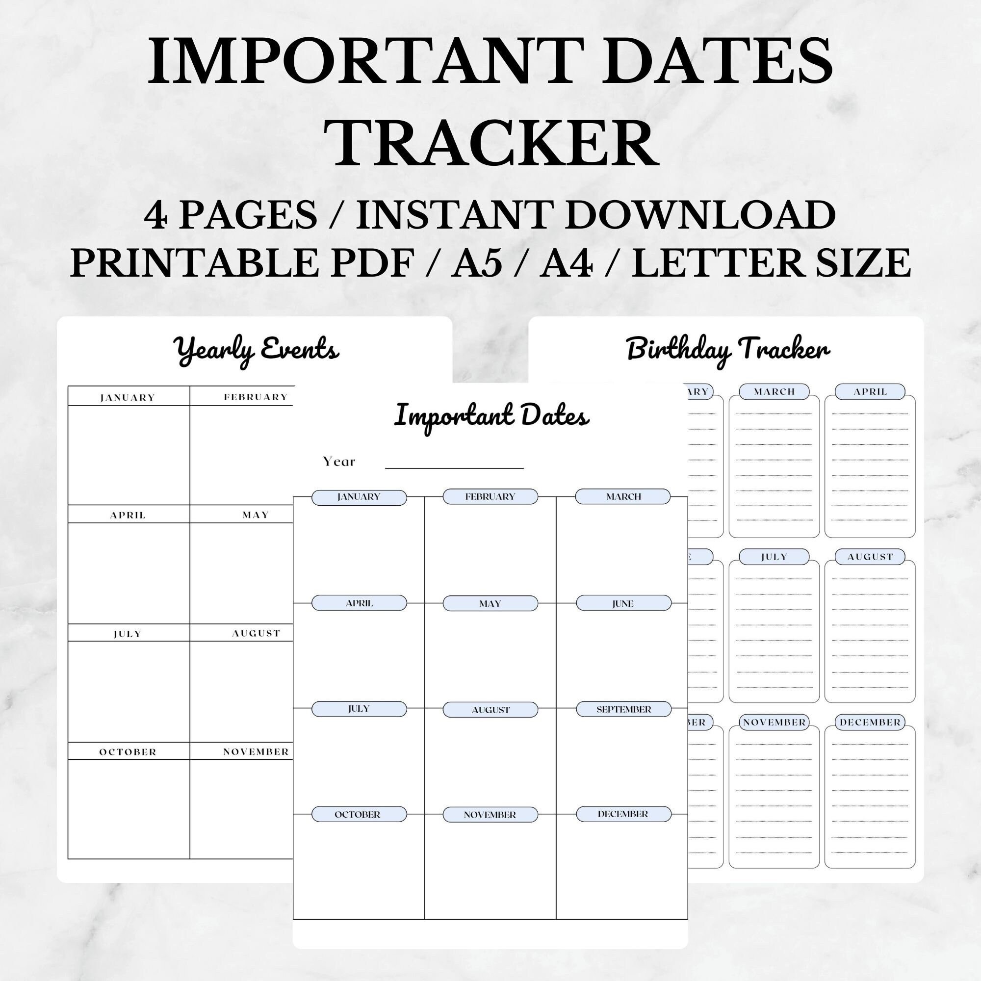 Important Dates Printable Birthdays, Anniversaries, Doctor Appointments ...