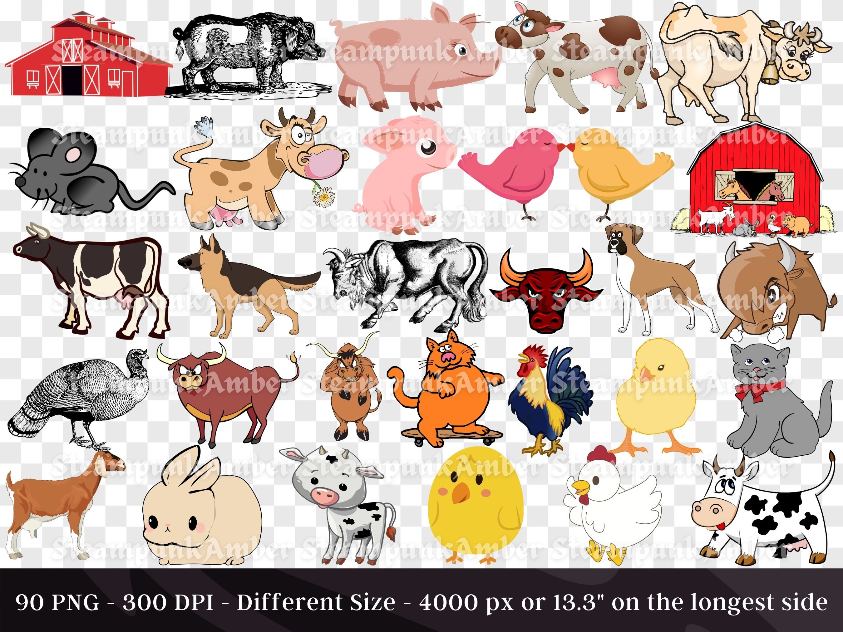 Farm Animal 90 PNG Bundle Clipart Silhouette PNG Bull Rabbit Bunny Cat ...