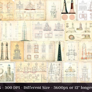 36 Vintage Lighthouse Blueprint Illustrations | Digital Architectural ...