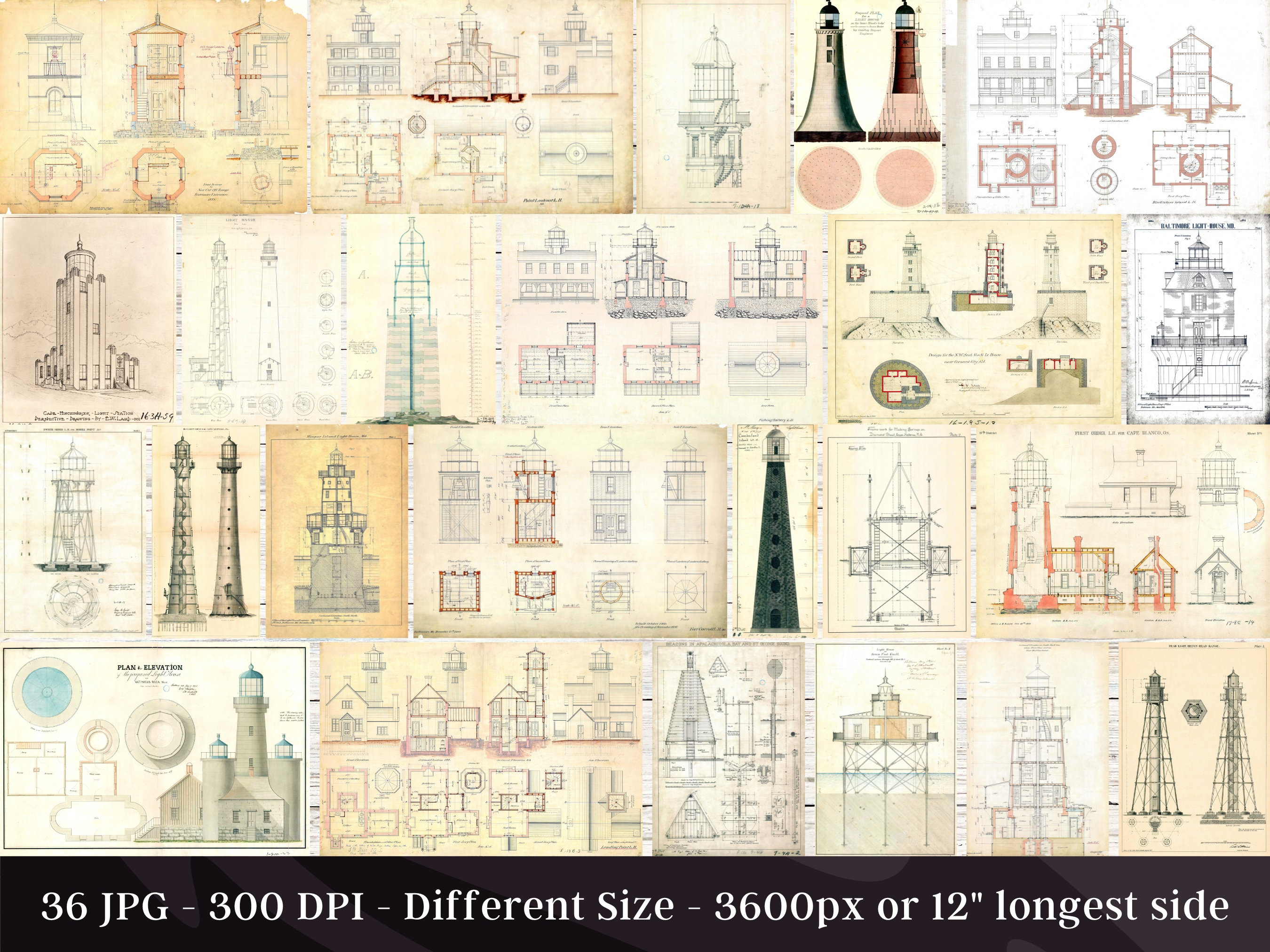 36 Vintage Lighthouse Blueprint Illustrations | Digital Architectural ...