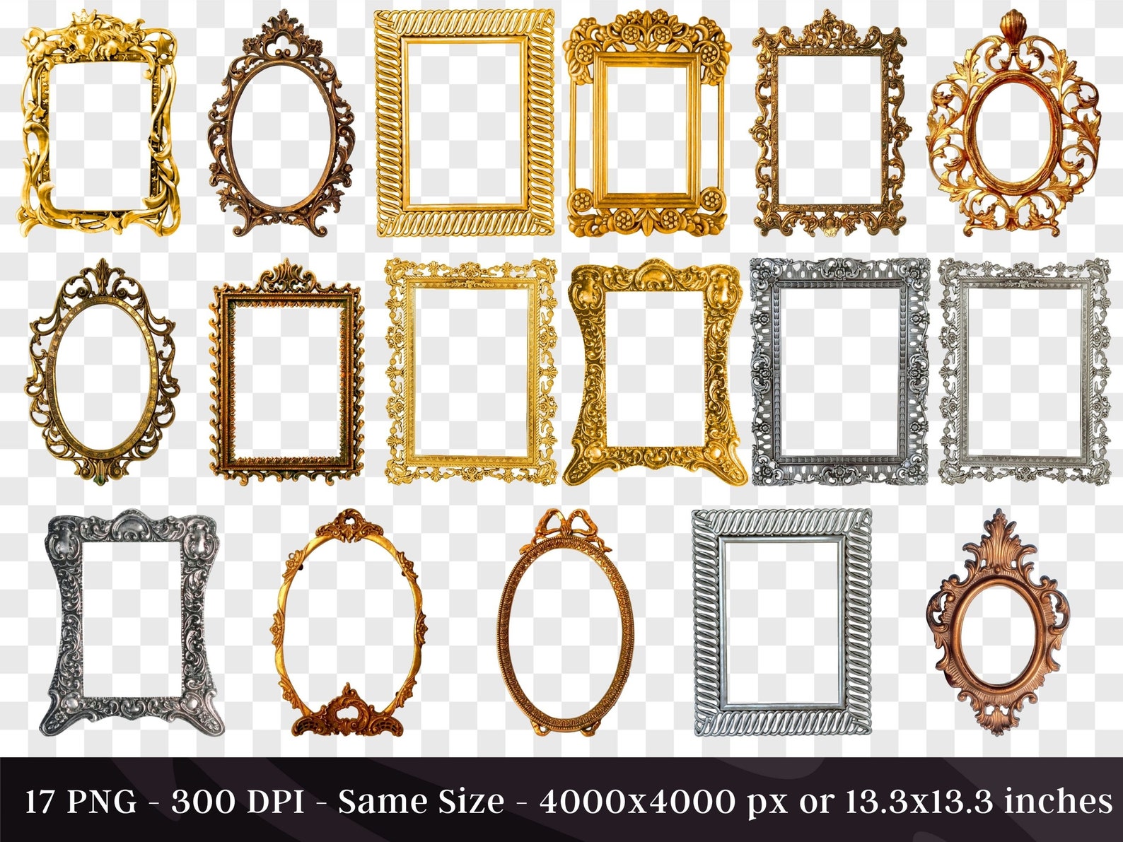 Luxury Frame Border Clipart 17 PNG Bundle| Silver & Gold Frame ...