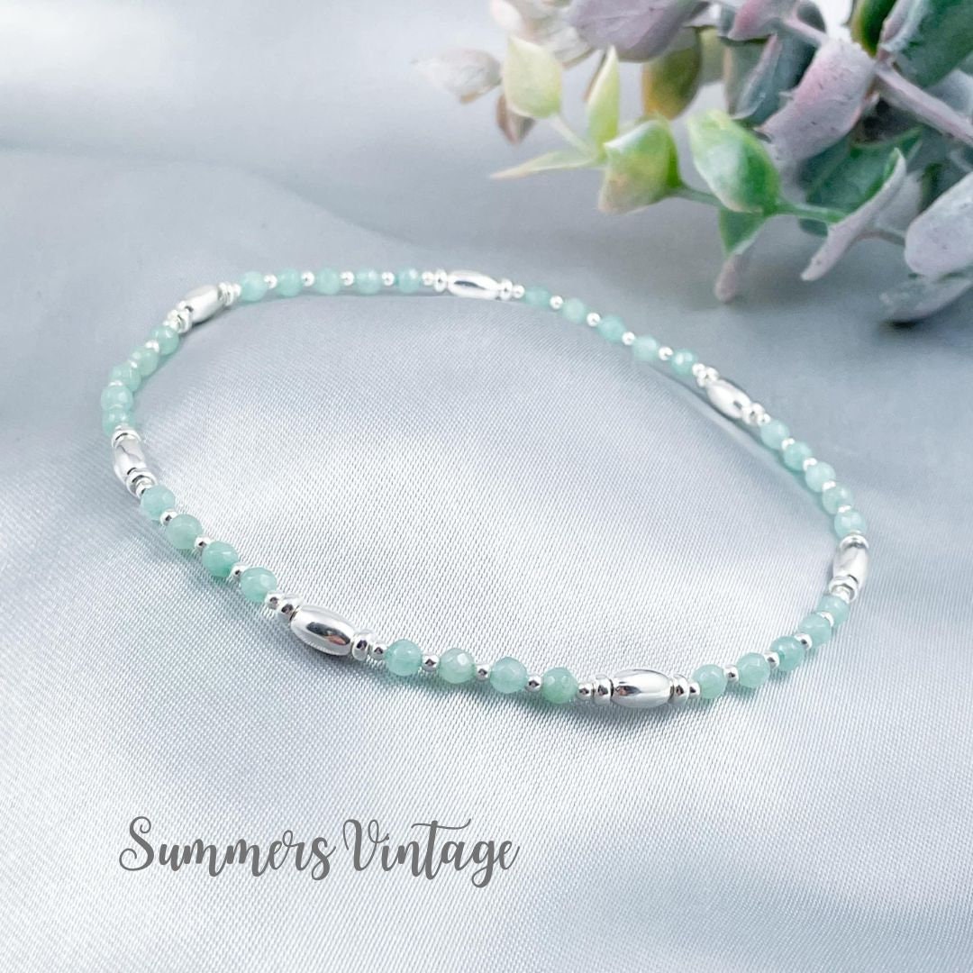 Sterling Silver Stretch Gemstone Anklet, Dainty Beaded Minimalist ...