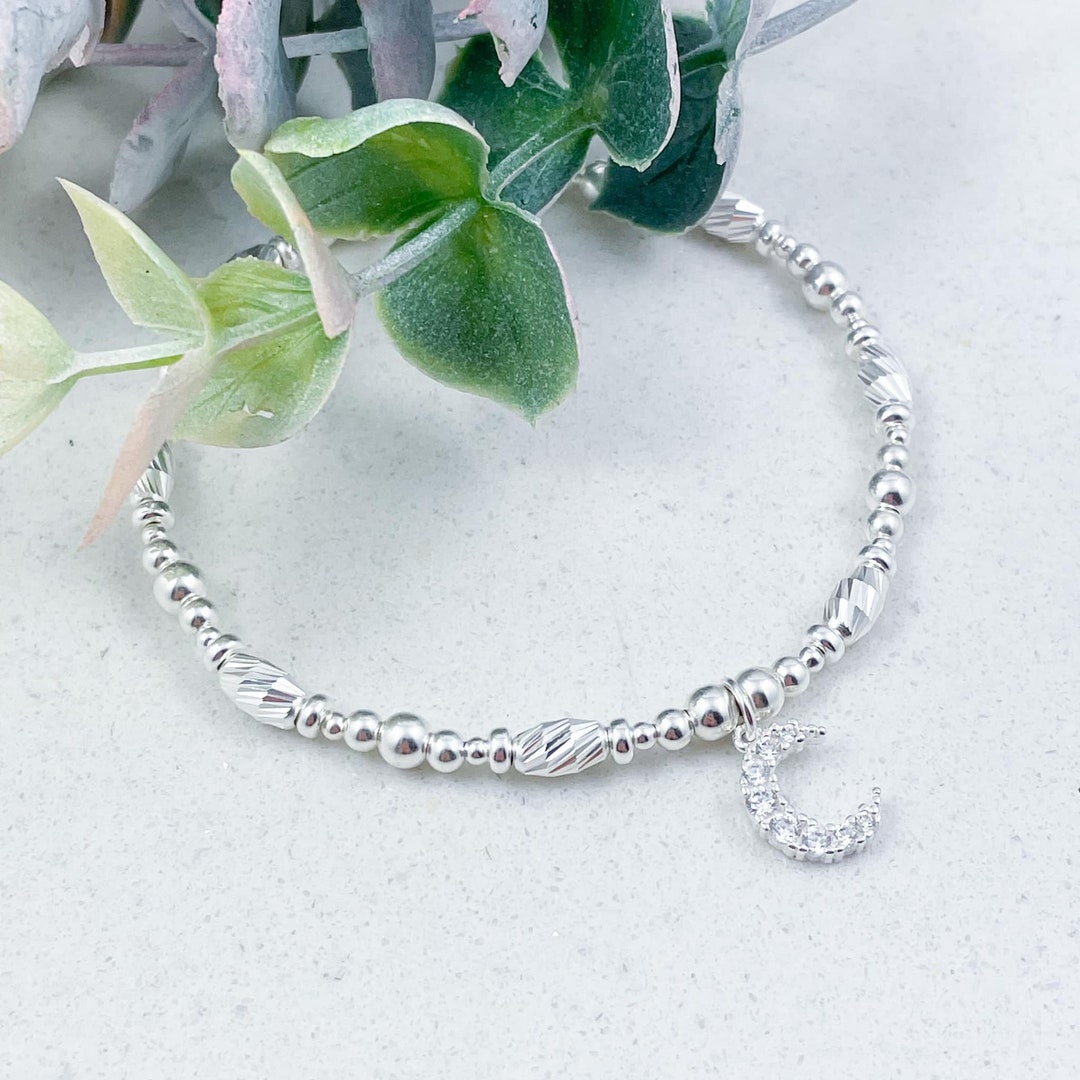 Sterling Silver Moon Bracelet Celestial Dainty Sparkly Beaded - Etsy