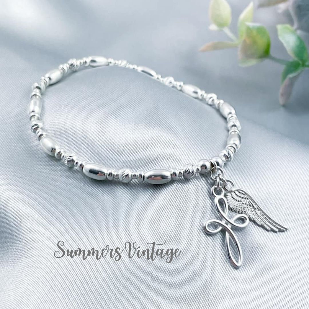925 Sterling Silver Eternity Cross and Angel Wing Bracelet, Guardian ...