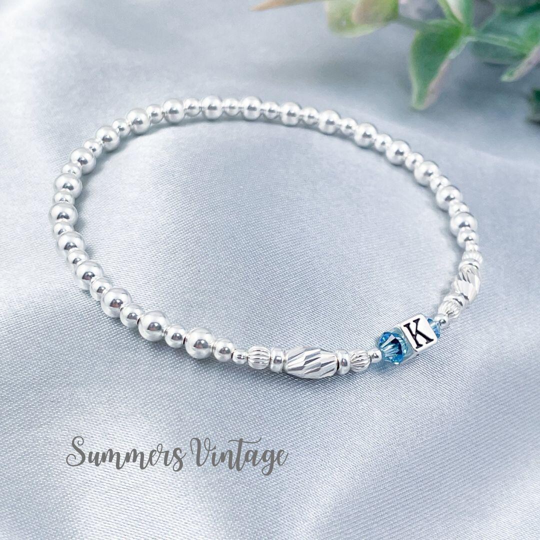 Sterling Silver Initial and Birthstone Bracelet, Personalised Plain ...